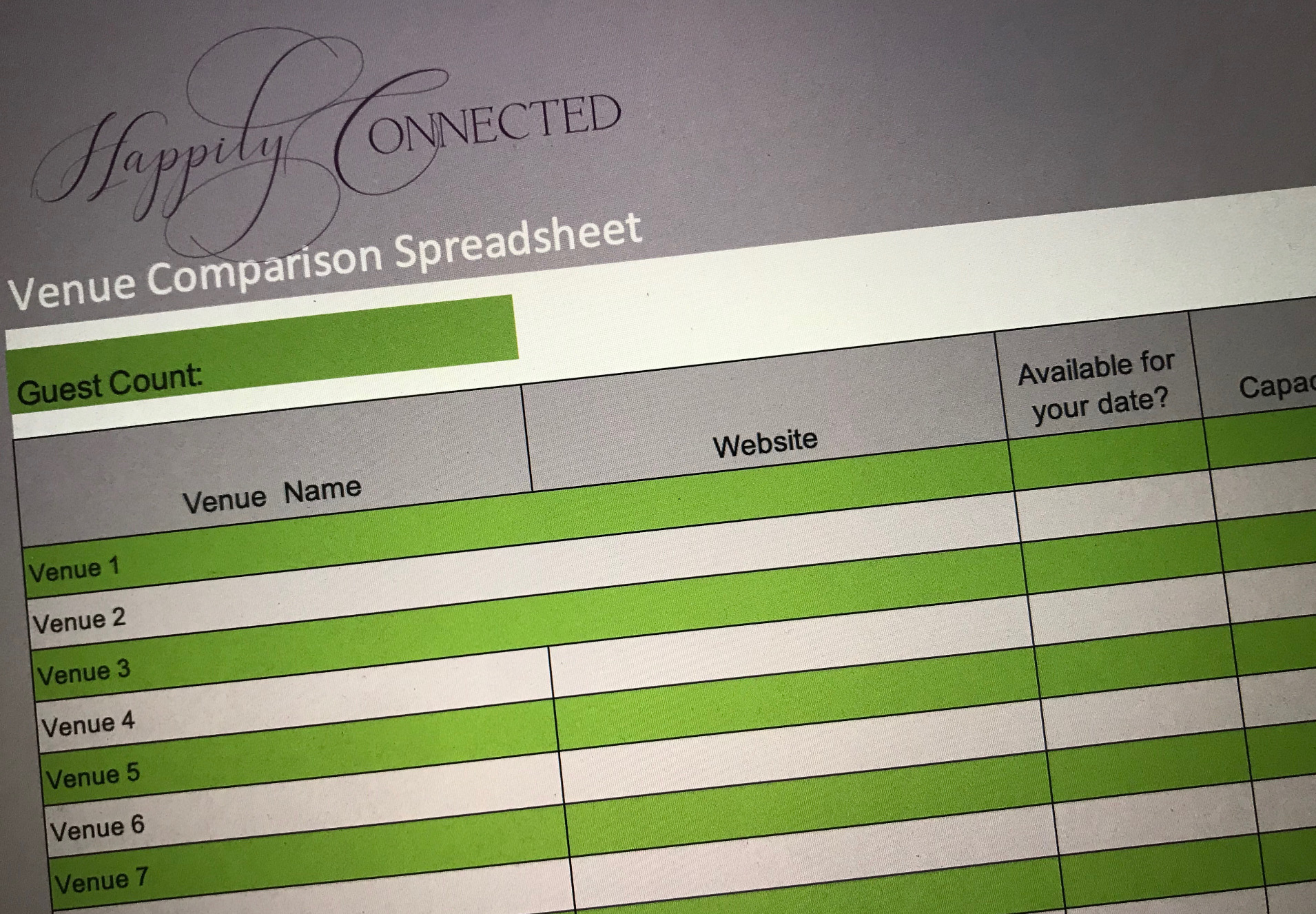 Wedding Planning Tools - Venue Comparison Spreadsheet - Happily Connected
